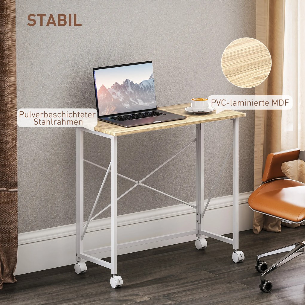 HOMCOM Skládací stůl na kolečkách Kompaktní počítačový stůl, Stolek na laptop pro domácí kancelář do malých prostor 80x40x75 cm Přirozený