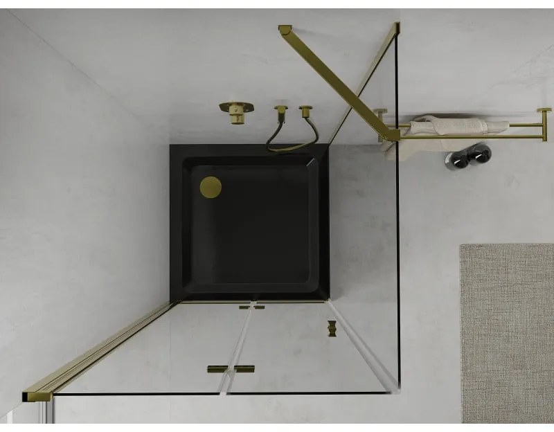 Mexen Lima, sprchový kout se skládacími dveřmi 80 (dveře) x 80 (stěna) cm, 6mm čiré sklo, chromový profil + slim sprchová vanička černá + zlatý sifon, 856-080-080-50-00-4070G