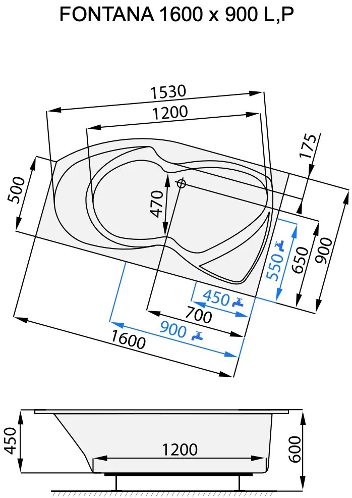 Santech Fontána asymetrická rohová vana 160x90 cm, pravá SAFON160P
