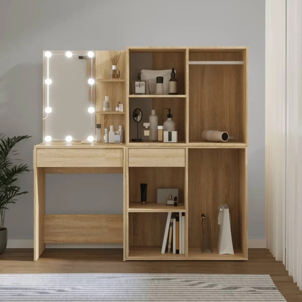 LED toaletní stolek se 2 skříňkami dub sonoma kompozitní dřevo 3082029
