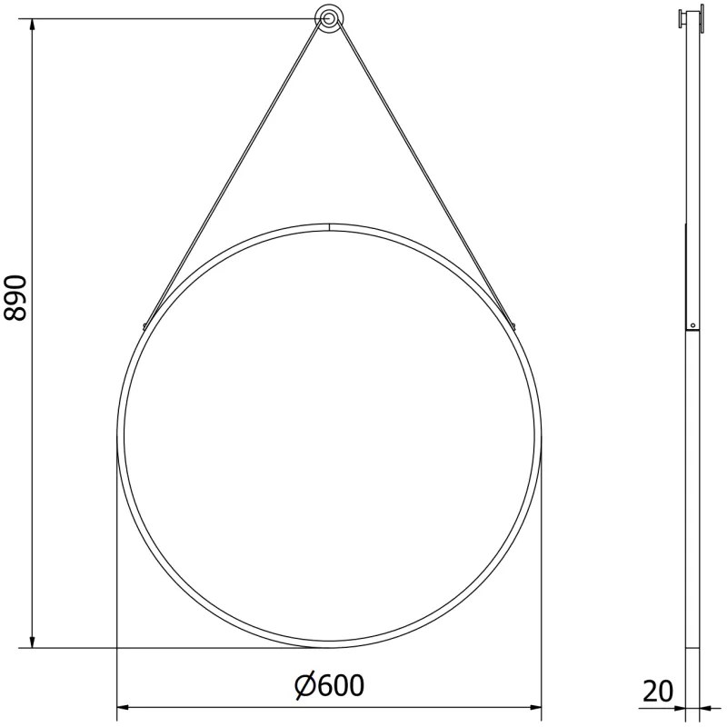 Mexen String, kulaté koupelnové zrcadlo na pásku 60 cm, barva rámu černá matná, 9854-060-060-000-70