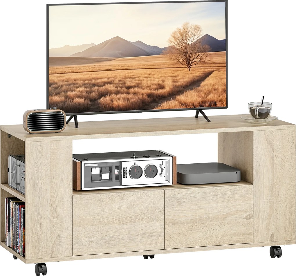 HOMCOM TV nábytek 106,68 cm s otočnými kolečky a brzdou, nastavitelné police a zásuvky, 102x34,5x48,5 cm, dřevo