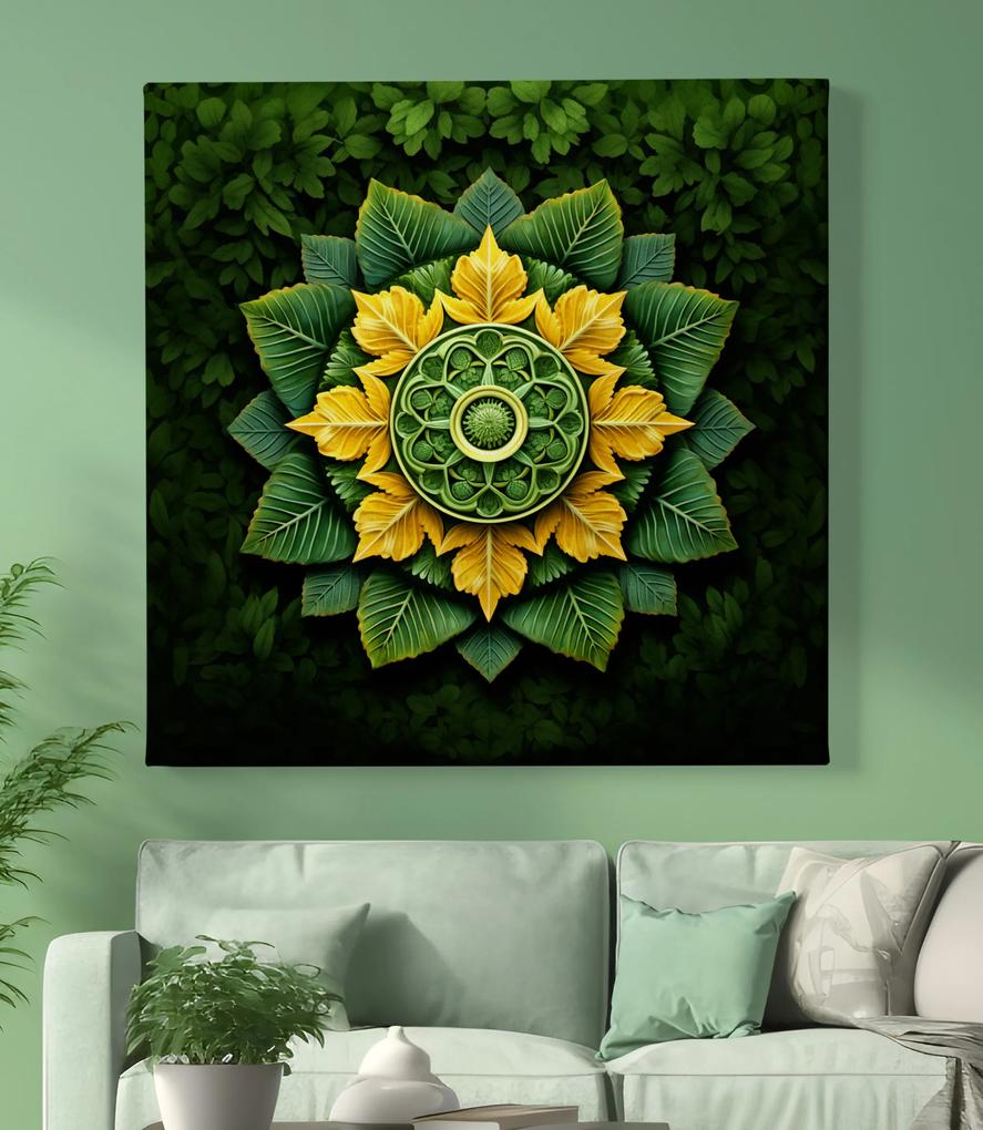 Obraz na plátně - Mandala zelené a žluté listy FeelHappy.cz Velikost obrazu: 100 x 100 cm