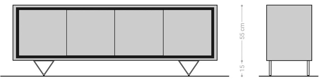 DELIFE Komoda Stonegrace 200 cm akácie hnědá kamenná dýha 4 dvířka podnož ve tvaru V černá