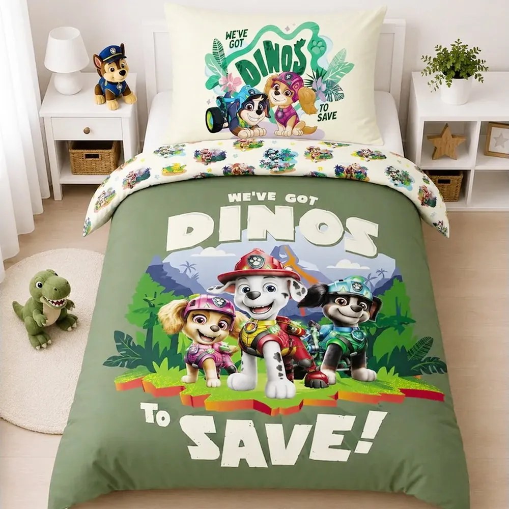 Bavlněné ložní povlečení Tlapková patrola – Paw Patrol - motiv Záchrana dinosaurů - 100% bavlna Renforcé - 70x90 cm + 140x200 cm