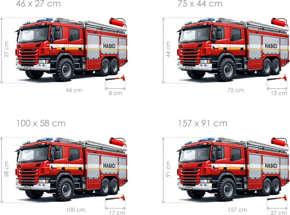 Hasičské auto textilní přelepitelná samolepka na zeď arch 46 x 27 cm