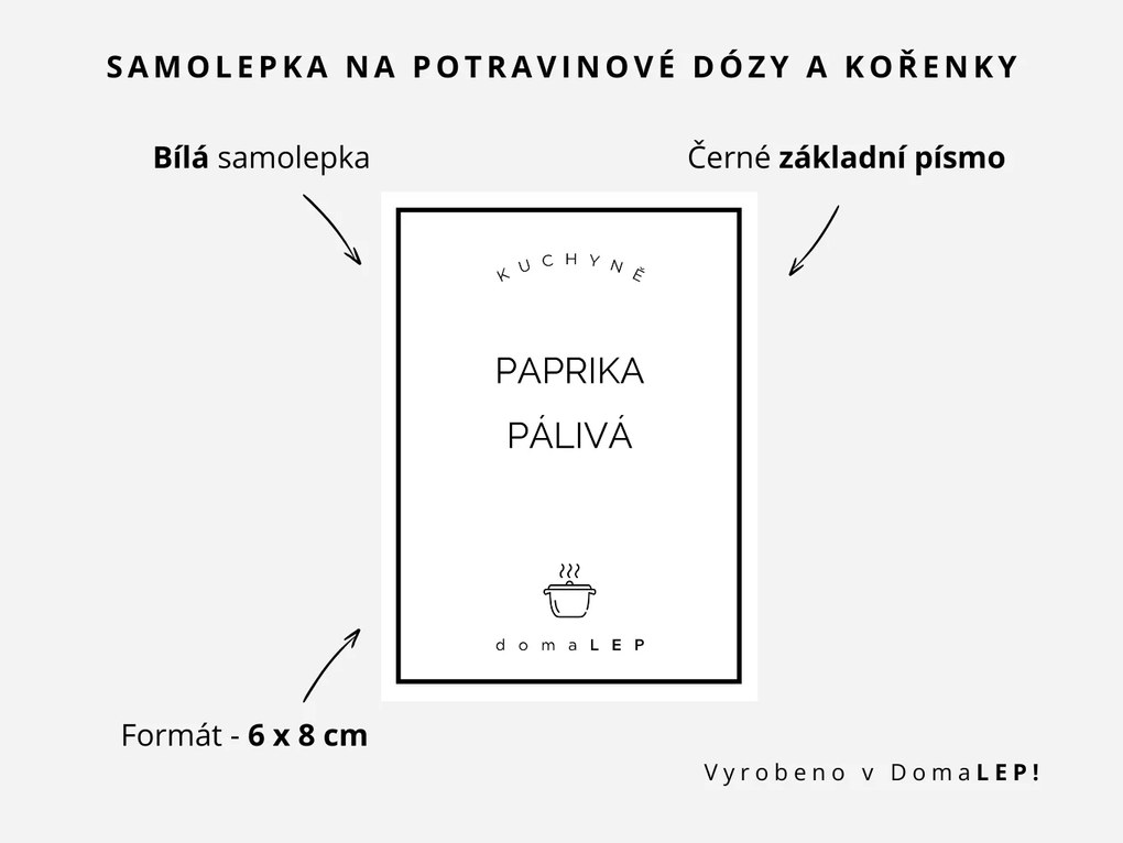 PAPRIKA PÁLIVÁ - omyvatelná samolepka na kořenky, výběr rozměrů Ø 5 cm / 5 x 5 cm / 6 x 8 cm | DomaLEP tvar: ČTVEREC, barva: BÍLÁ - ČERNÉ písmo, velikost: š. 5 cm x v. 5 cm - základní písmo