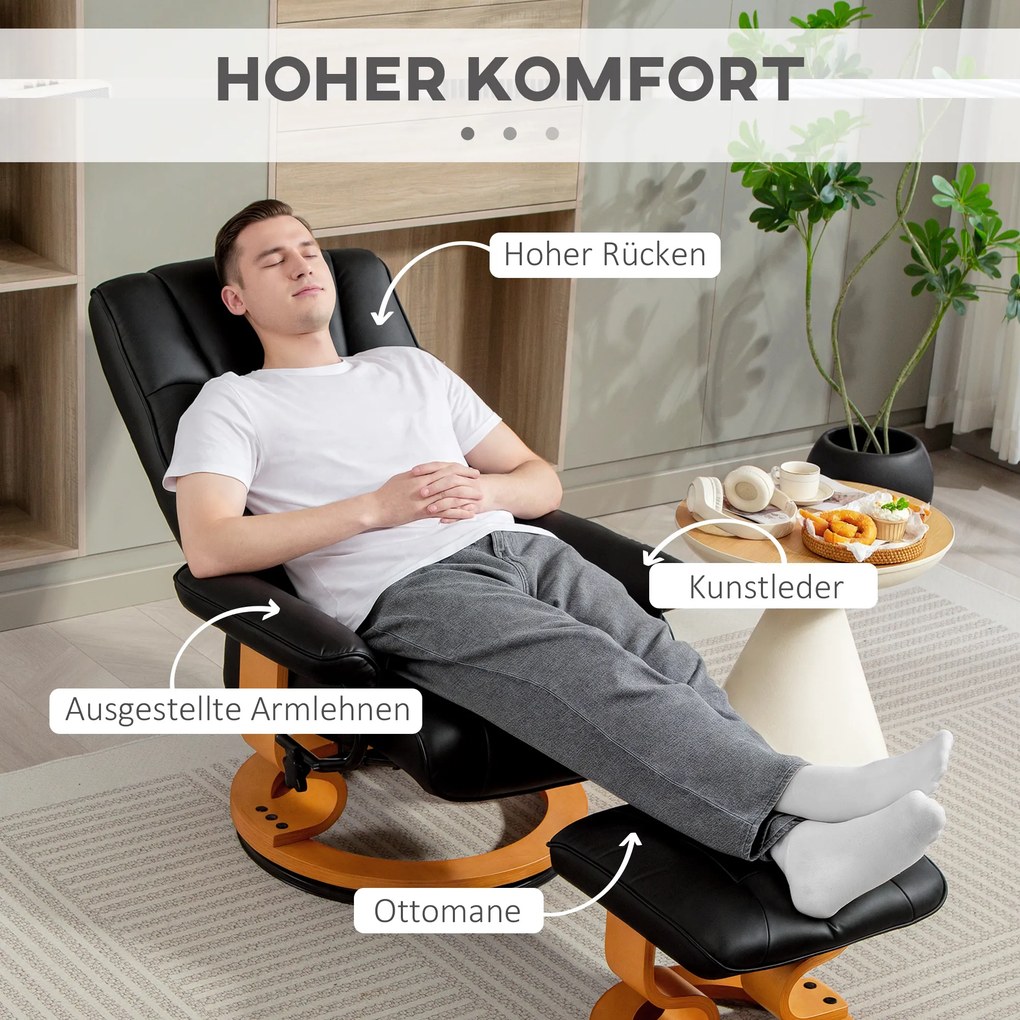 HOMCOM Relaxační křeslo s podnožkou, otočné a sklopné, potah z umělé kůže, do 150 kg, dřevěný rám, černá
