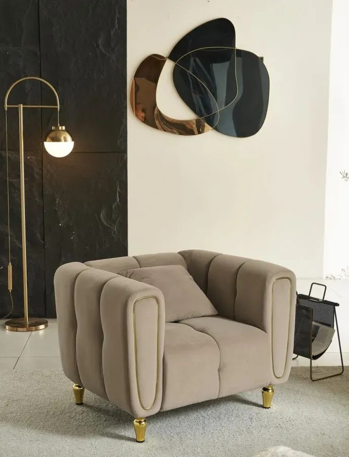 Designové sametové křeslo Alma šedobéžové/zlaté