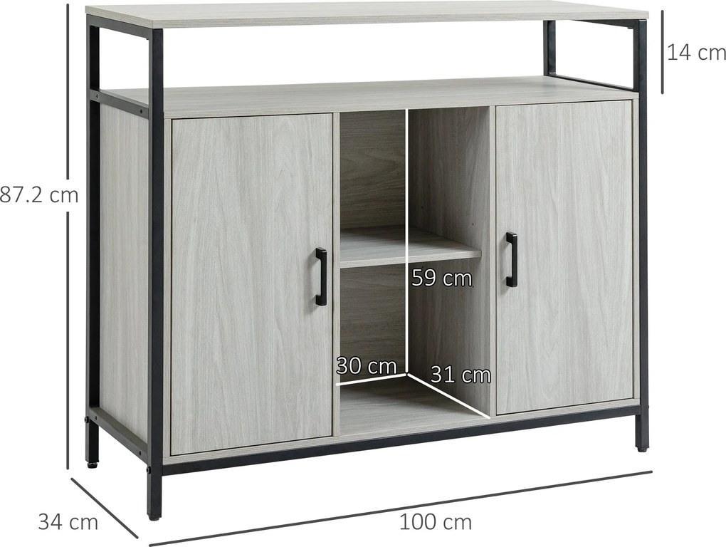 HOMCOM Moderní dřevěný kredenc se 2 skříňkami a policemi, světle šedý kuchyňský a vstupní kabinet, 100x34x87,2cm