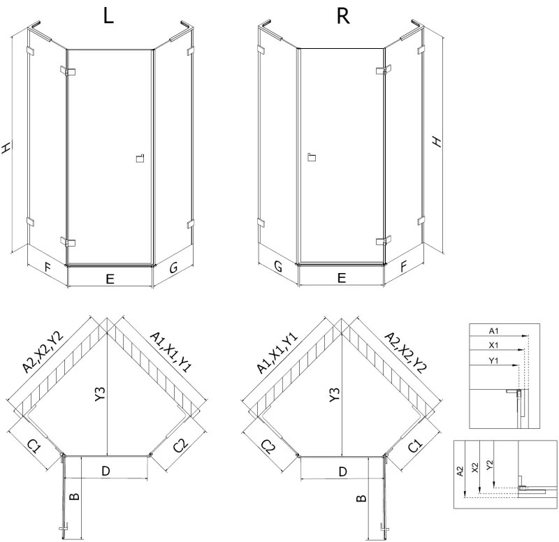 Mexen Lunar, L pravý výklopný pětiúhelníkový sprchový kout 90 x 100 cm, 8mm čiré sklo, zlatý profil, 831L-090P-100L-50-00-P