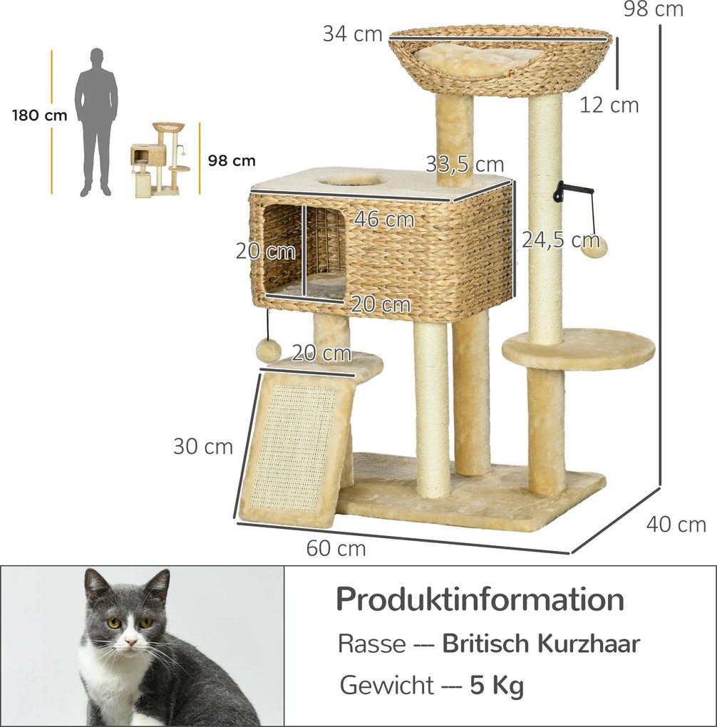 PawHut škrabadlo pro kočky 98 cm strom pro kočky se 2 opěrnými plochami, škrabadlo pro kočky s míčem pro kočky do 6 kg, nábytek pro kočky, sisal, béž…