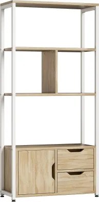 HOMCOM knihovna Regál na knihy s policemi, zásuvkami a dveřmi 58x24x122 cm Industriální styl Bílá a přírodní dřevo
