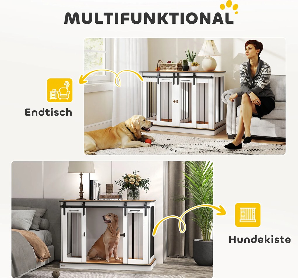 PawHut Klec pro psy se 2 dvířky, box pro psy, přepravní box pro psy, rustikální design, uzamykatelný, bílá barva