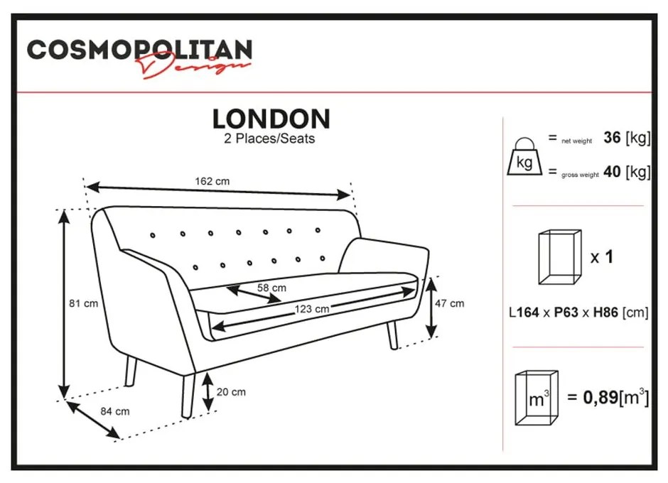 Tyrkysová pohovka Cosmopolitan design London, 162 cm