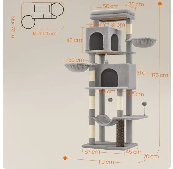 Kočičí škrabadlo Mauvy 175 cm šedé