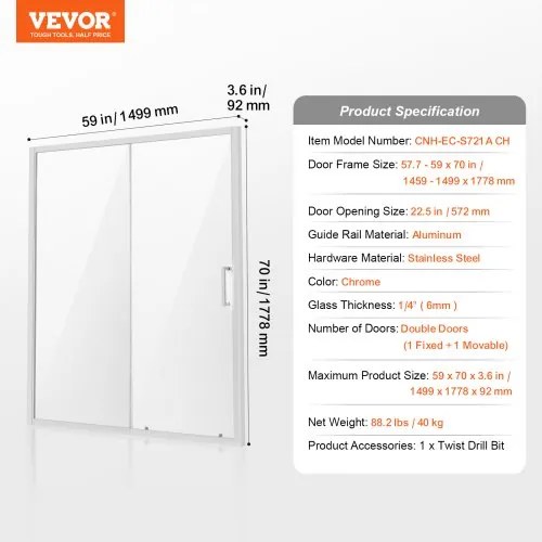 Polorámové sprchové dveře 146,6–149,9 × 177,8 cm SGCC tvrzené sklo 6,4 mm chrom