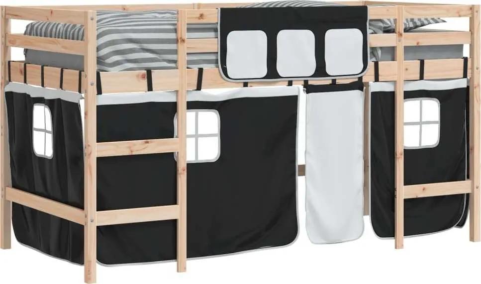 vidaXL Dětská patrová postel se závěsy 90x200 cm borovice [3206964] Barva: Přírodní a černá
