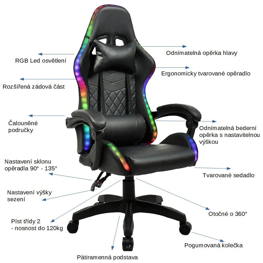Kancelářské herní křeslo MAFIRO s RGB LED podsvícením, ekokůže černá