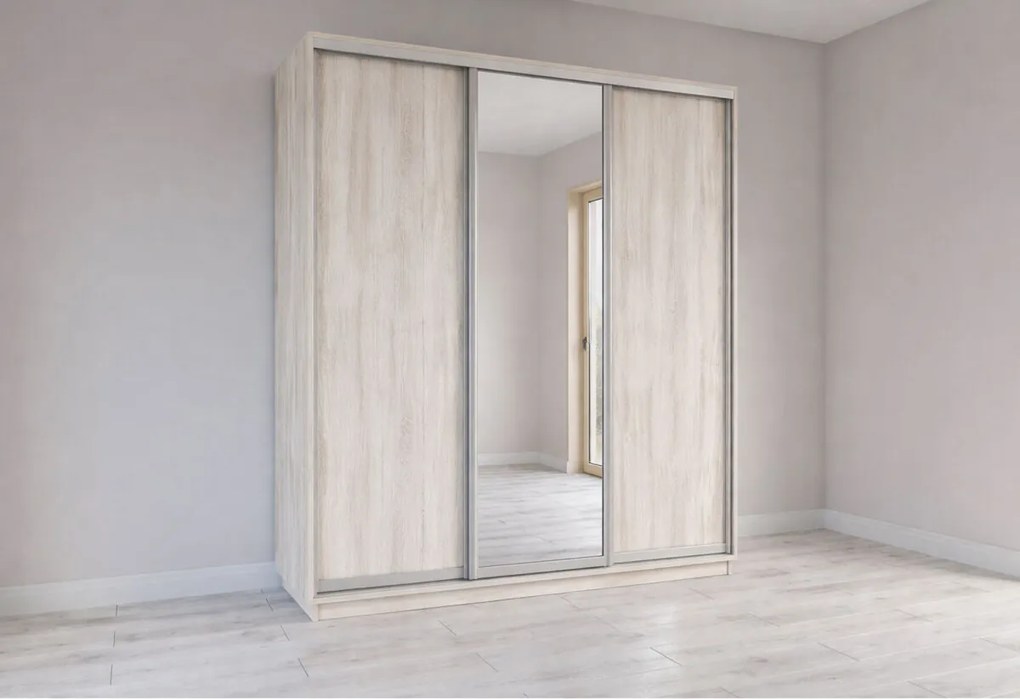 Skříň s posuvnými dveřmi 2000x2200x600 2LTD 1 Zrcadlo Artwood světlý, profil stříbrný
