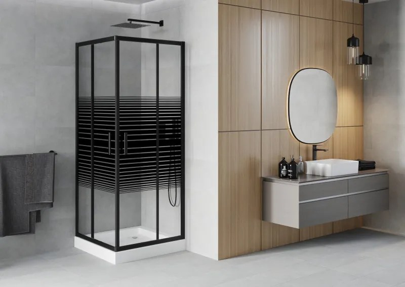 Mexen Rio, čtvercový sprchový kout 80(dveře)x80(dveře)x190 cm, 5mm čiré sklo-vzor pásky, černý profil + bílá sprchová vanička RIO, 860-080-080-70-20-4510