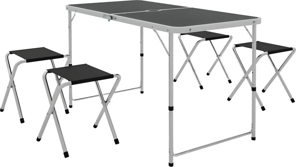 Outsunny 5-dílná kempingová sada skládacího stolu s židlemi, včetně 1 výškově nastavitelného stolu s otvorem na slunečník 120x60x55-70 cm a 4 skládací