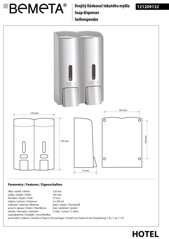 Bemeta Design Dávkovač mýdla dvojitý, 2×300 ml, plast, lesk -