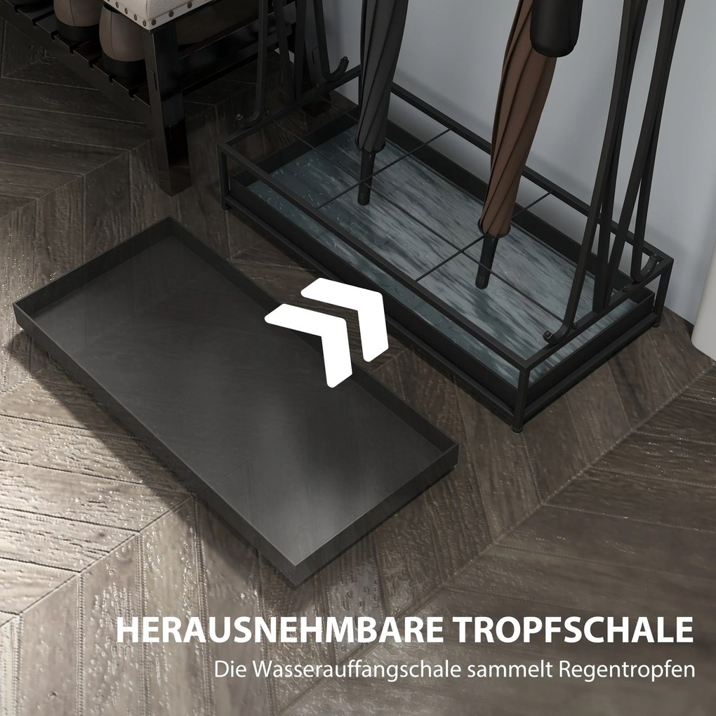 Schirmständer mit herausnehmbarer Tropfwasserschale, Regenschirmständer mit 21 Öffnungen und 24 Haken, Stahl, Schwarz