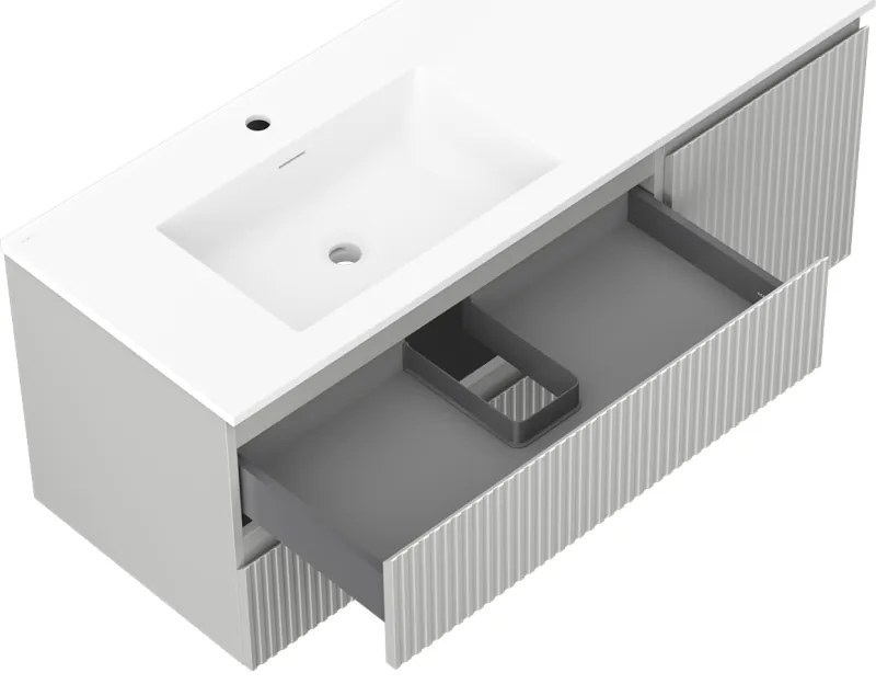Mexen Rivel, koupelnová skříňka 120 cm s levým umyvadlem Otis, 2S, 1D, drážkovaná, šedá matná/bílá matná - 91A23-12047-3-BBFFF62-W18L01