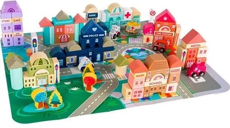 Montessori dřevěné kostky Kruzzel 23519 s podložkou veselé město 115 ks