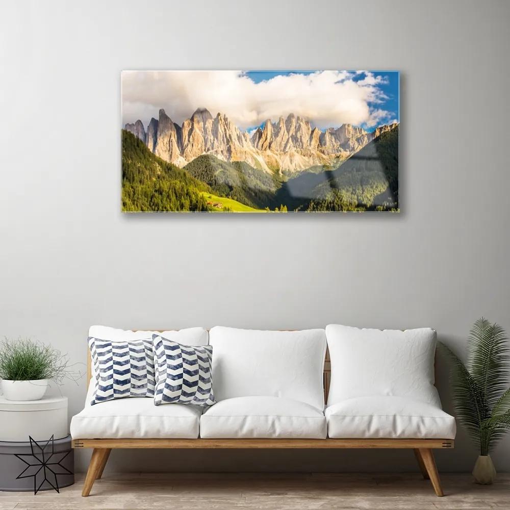 Obraz na skle Vrcholy Hor Mraky Lesy Louka 120x60 cm