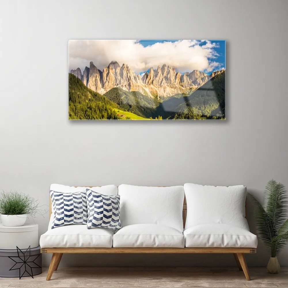 Obraz na skle Vrcholy Hor Mraky Lesy Louka 125x50 cm