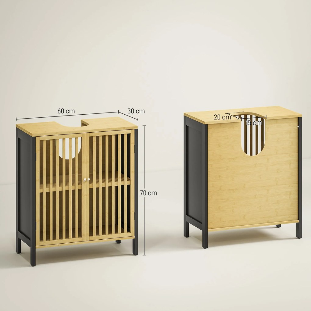 HOMCOM Podložková skříňka pod umyvadlo, koupelnová skříňka se zásuvkami 60 x 30 x 70 cm v černé a přírodní bambusové barvě | Aosom