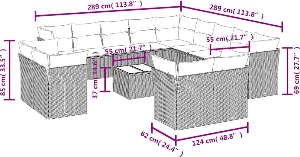 14dílná zahradní sedací souprava s poduškami černá polyratan 3218555