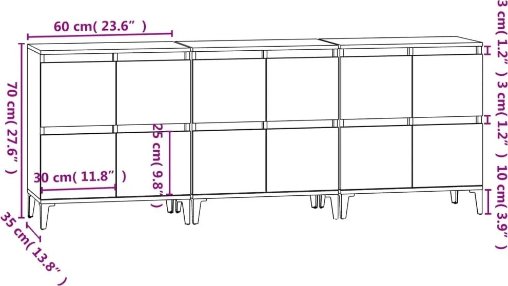 vidaXL Příborníky 3 ks 60 x 35 x 70 cm kompozitní dřevo [3185775] Barva: hnědý dub