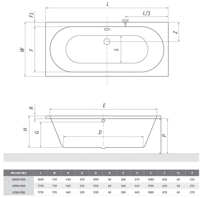 Roth MALIBU NEO 160 obdelníková vana 160 x 75 cm 9200000 akrylátová