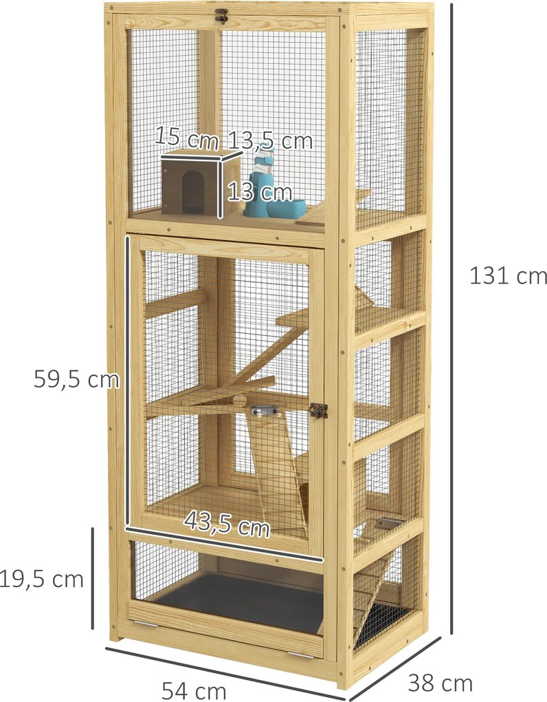 Klec pro křečka nebo myš PawHut, dřevěná pro malá zvířata, 5 úrovní s žebříkem, domeček, houpačka, odnímatelný tác, dávkovač vody, 54 x 38 x 131 cm, …