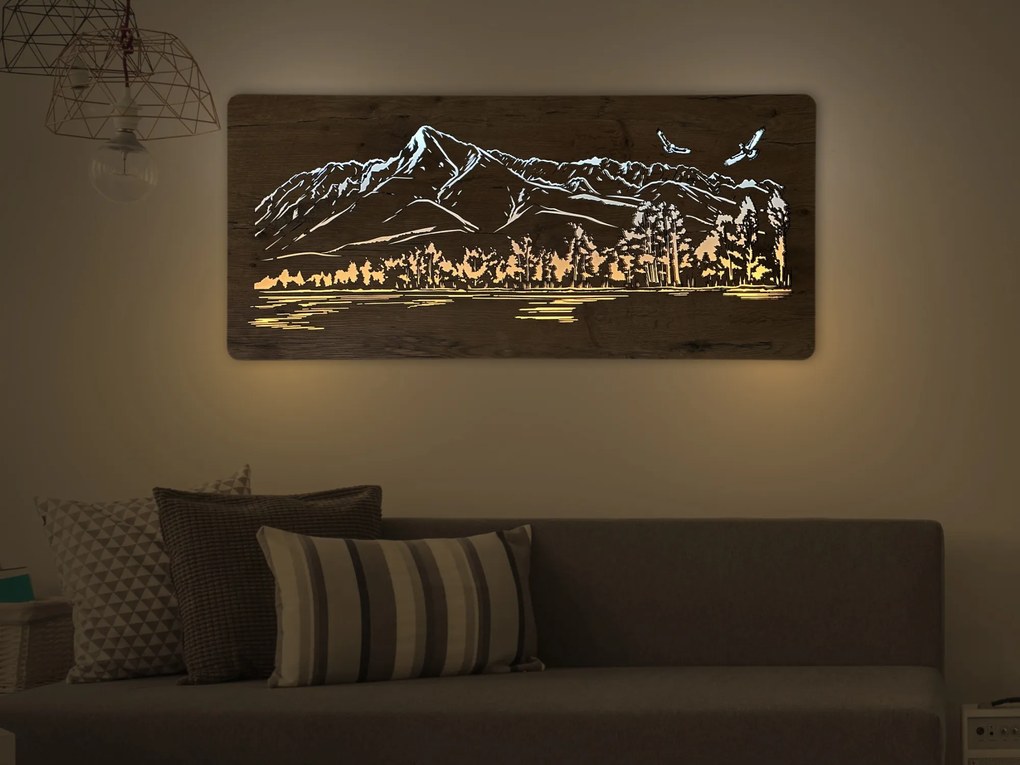 Li-Go "Hory s ptáky" světelný obraz 230V 110x50 cm provedení povrchu: dub světlý