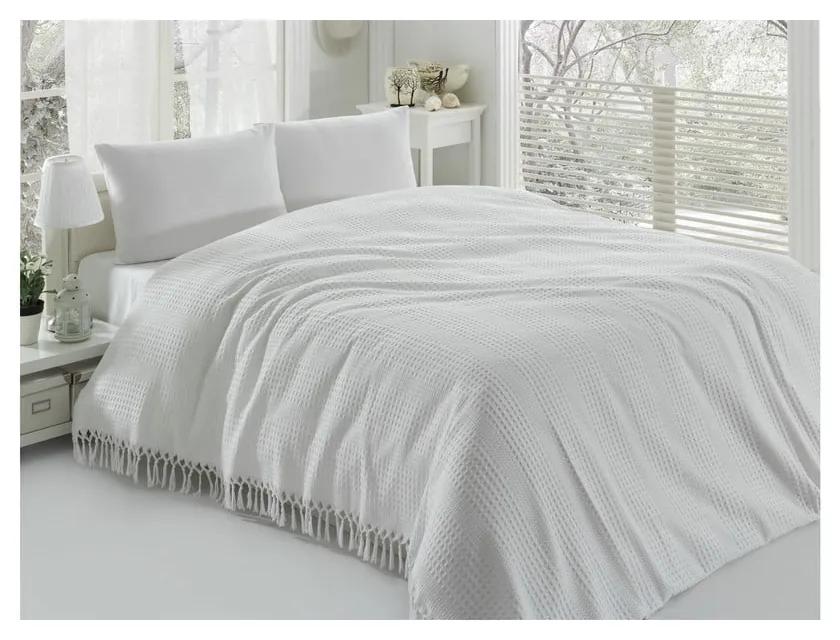Bílý bavlněný lehký přehoz přes postel na dvoulůžko Pique, 220 x 240 cm
