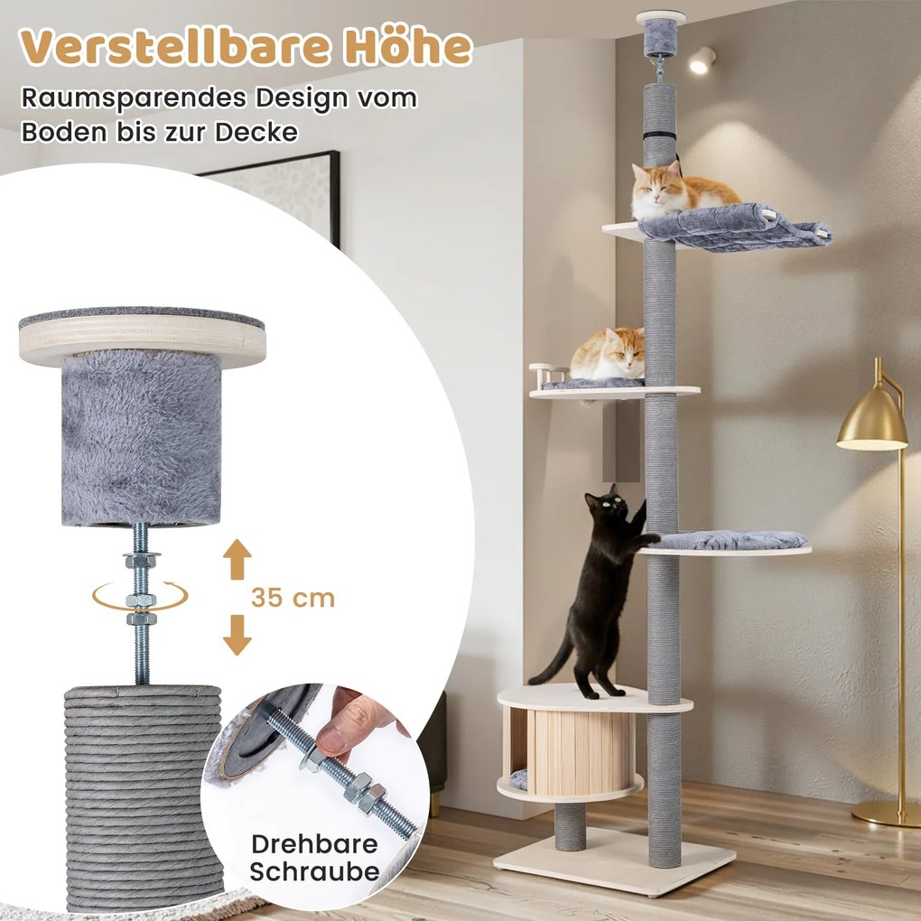Costway 236-271 cm Stropní vysoké škrabadlo s houpací sítí a platformou