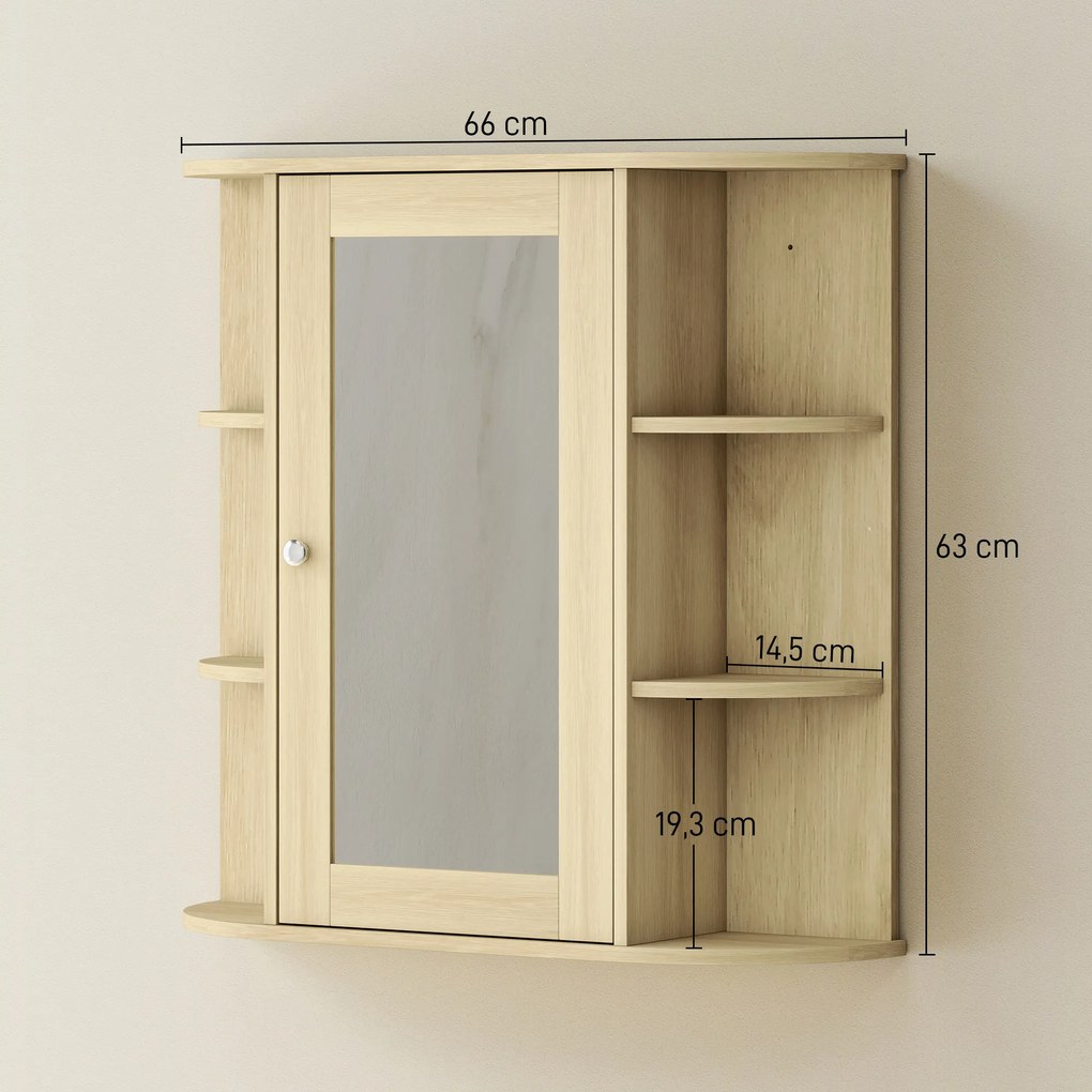 HOMCOM koupelnová skříňka se zrcadlem, nástěnná skříňka s otevřenými policemi 66x17x63 cm, přírodní