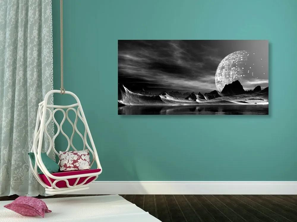 Obraz futuristická planeta v černobílém provedení - 100x50 cm