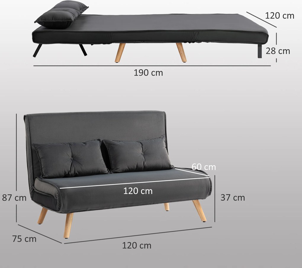 HOMCOM 2místná rozkládací pohovka, postelové sofa, pohovka konvertovatelná na postel, nastavitelná opěrka zad, látkový potah, kovový rám, šedá