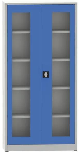 Kovona Svařovaná policová skříň s prosklenými dveřmi, 1950 x 950 x 500 mm, šedá/modrá