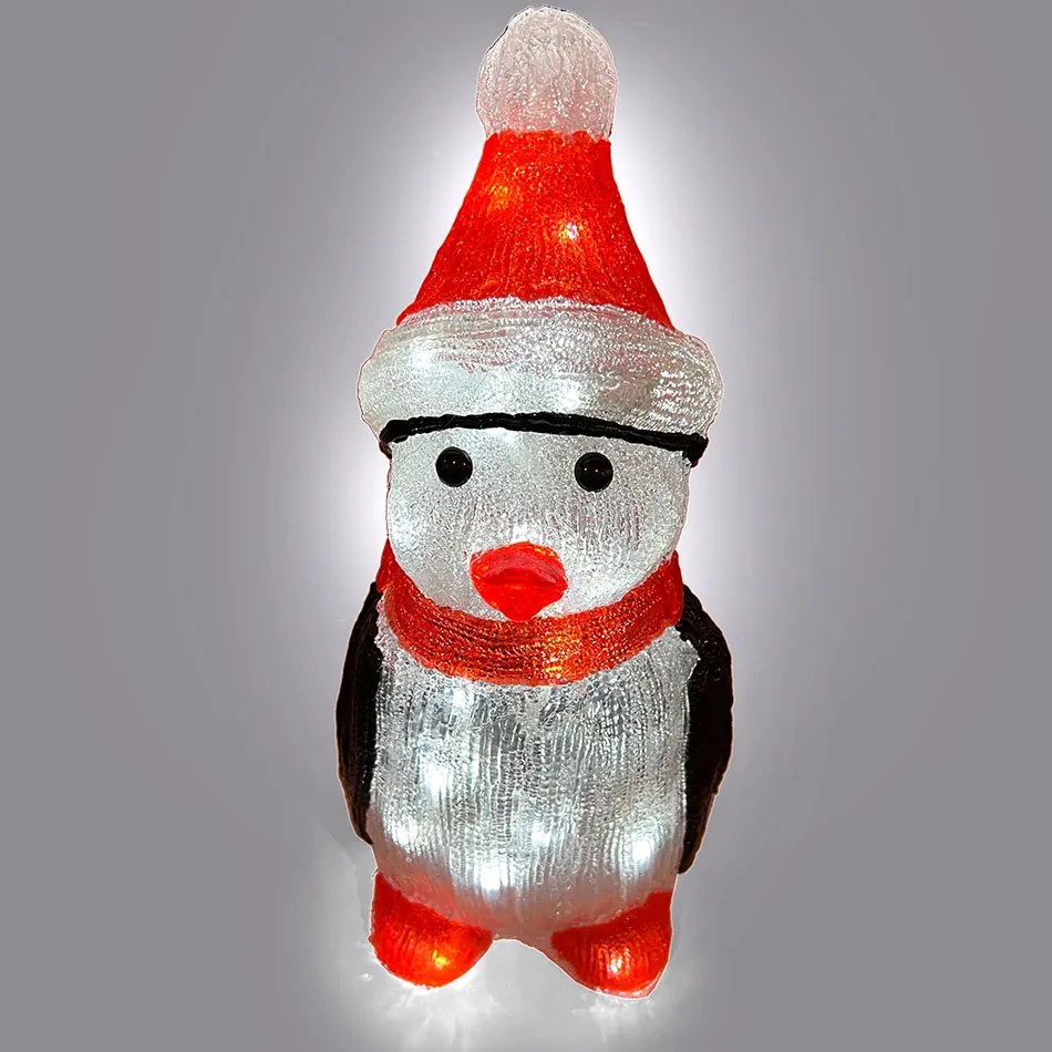 3D LED svítící tučňák 36 cm, s časovačem, akryl, vč. trafa, ledově bílá, hliník, IP44 venkovní