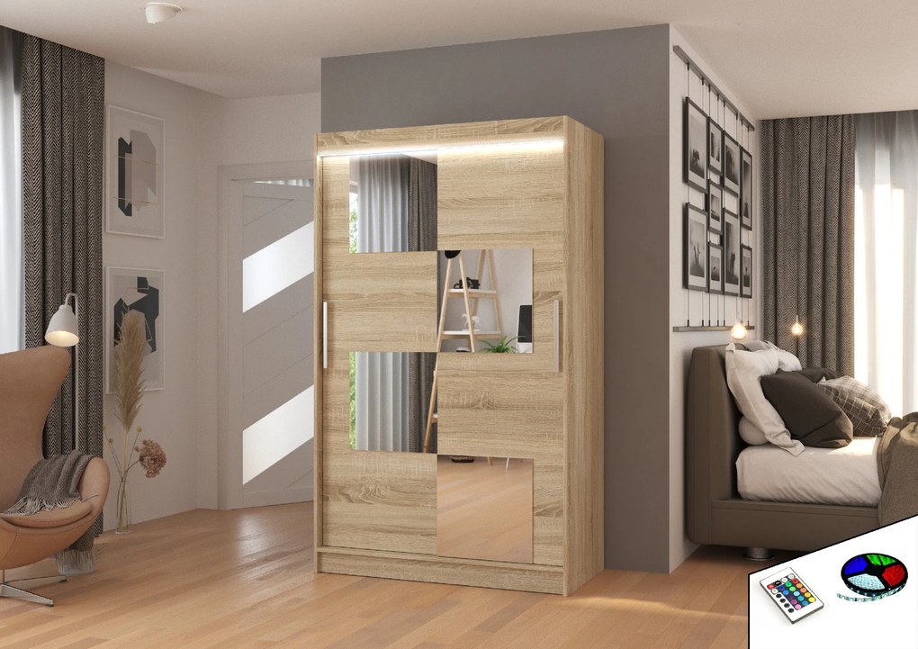 ADRK Furniture Posuvná skříň se zrcadlem a LED osvětlením LUGANO 120 SW-LUG-S-120+L-V028