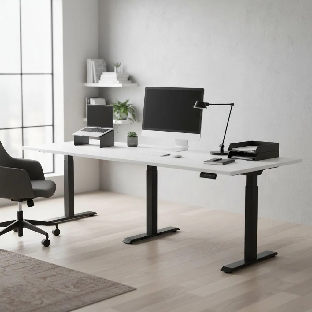 Výškově nastavitelný stůl OfficeTech Long, 240 x 80 cm, černá podnož, bílá