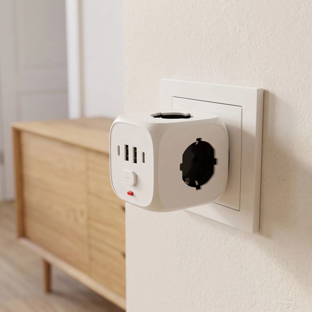 Toolight Toolight, JNH019, zásuvková kostka 7v1, 3 zásuvky + 2× USB-A + 2× USB-C, bílá, OSW-56305