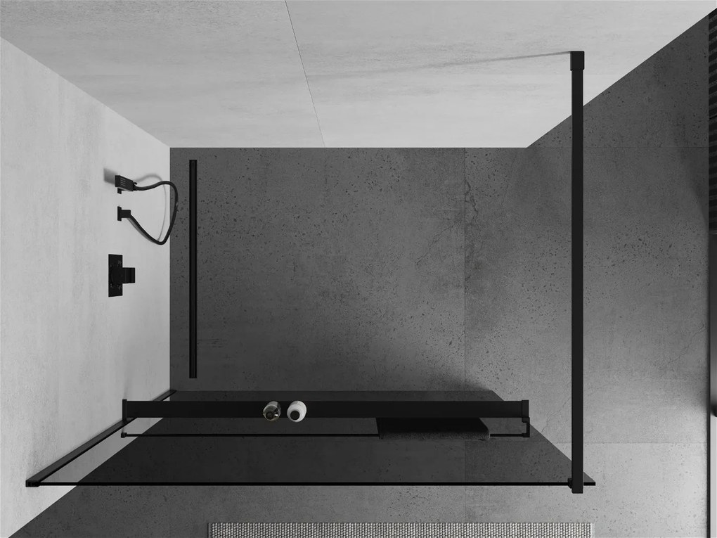 Mexen Kioto+, sprchová zástěna s poličkou a držákem na ručníky 130 x 200 cm, 8mm šedé sklo, černý profil, 800-130-121-70-40