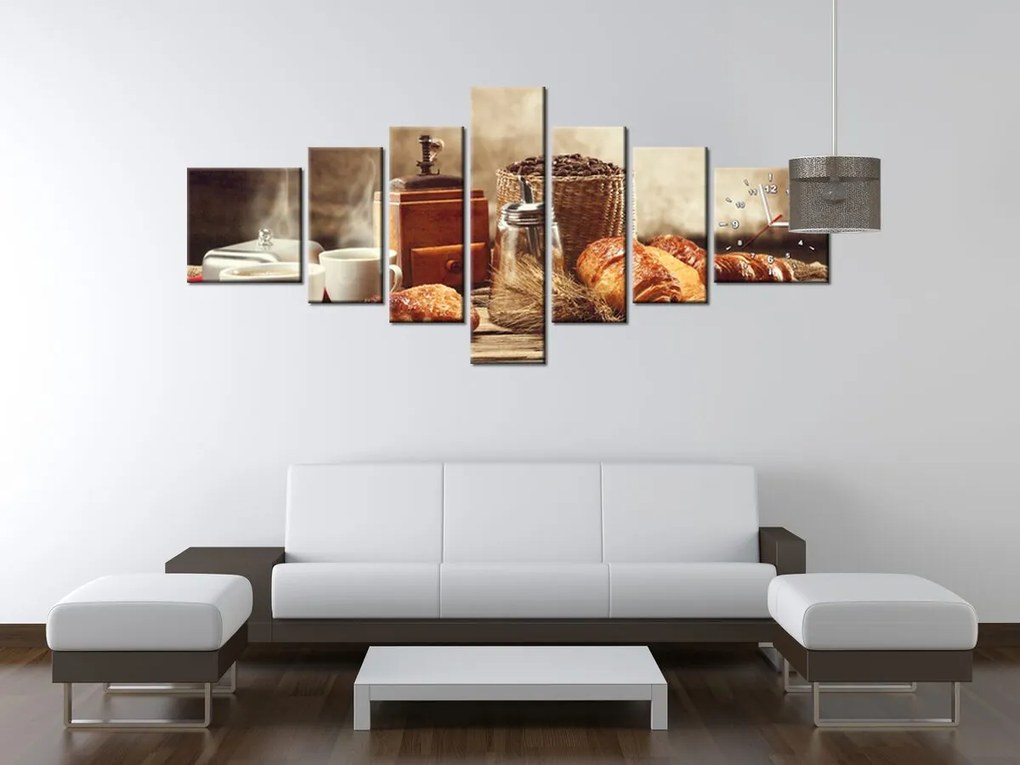 Gario Obraz s hodinami Chutná snídaně - 7 dílný Rozměry: 160 x 70 cm